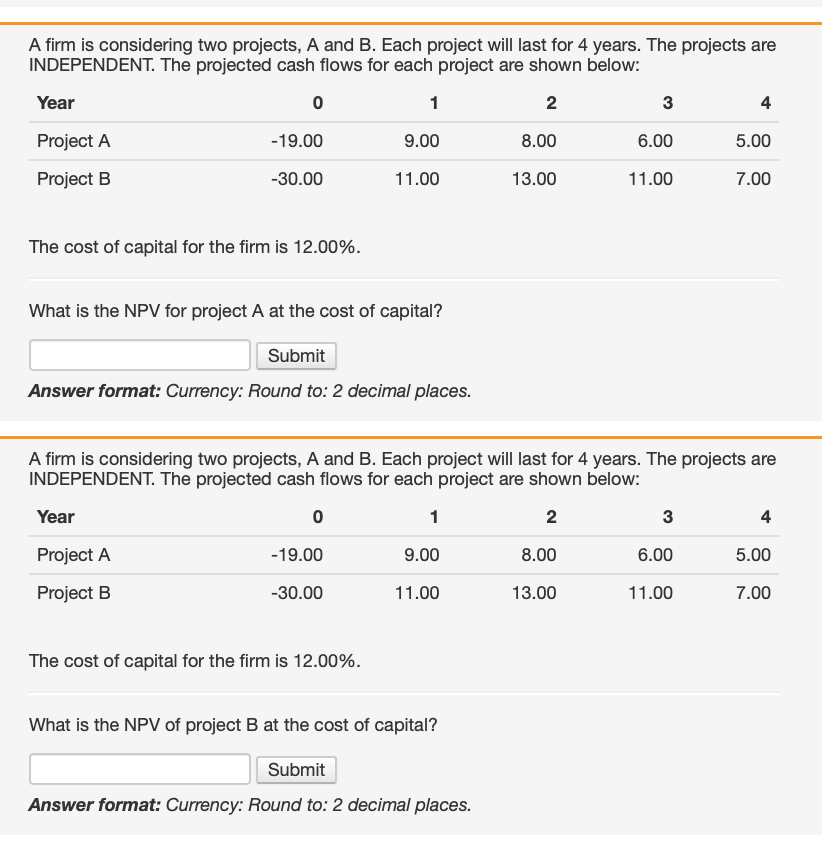 Solved A firm is considering two projects, A and B. Each | Chegg.com