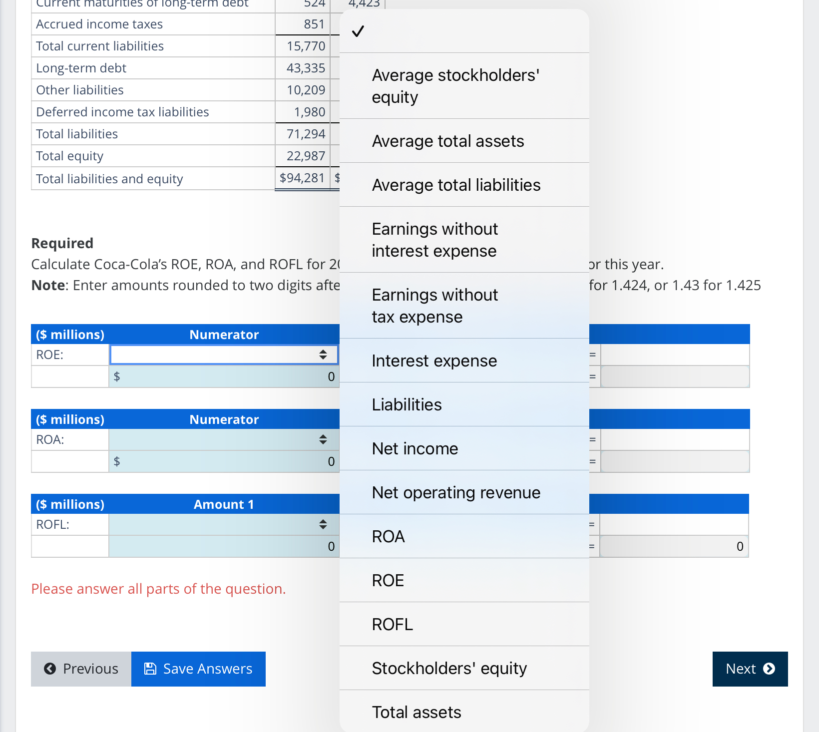 Solved Calculating ROE, ROA, and ROFL Following are | Chegg.com