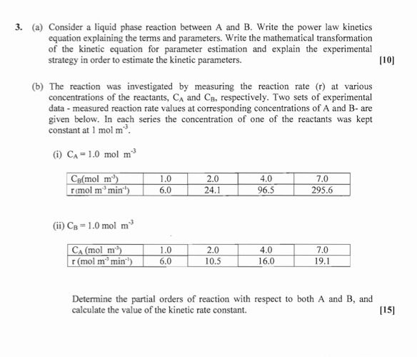 Solved 3. (a) Consider a liquid phase reaction between A and | Chegg.com