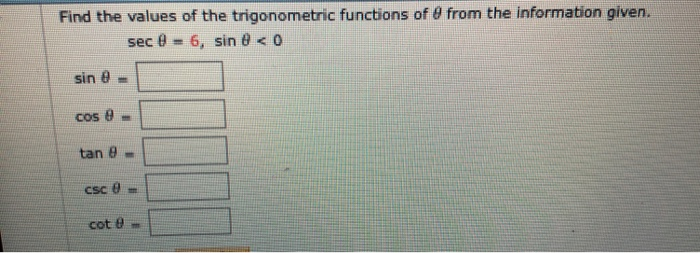 Solved Find the values of the trigonometric functions of 0 | Chegg.com