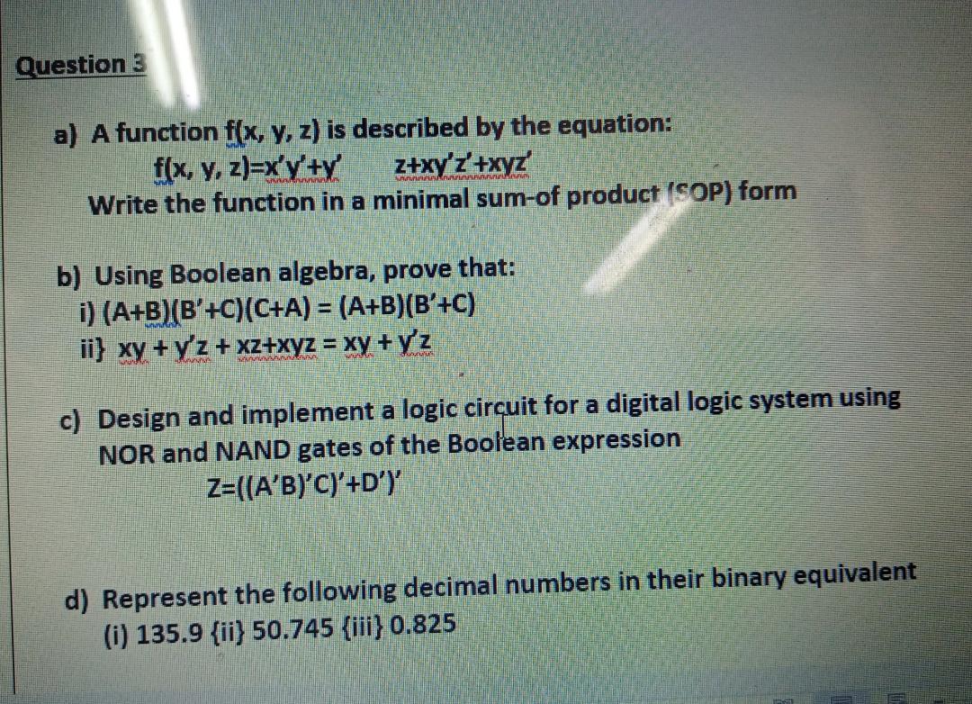 Solved Question 3 a) A function f(x, y, z) is described by | Chegg.com
