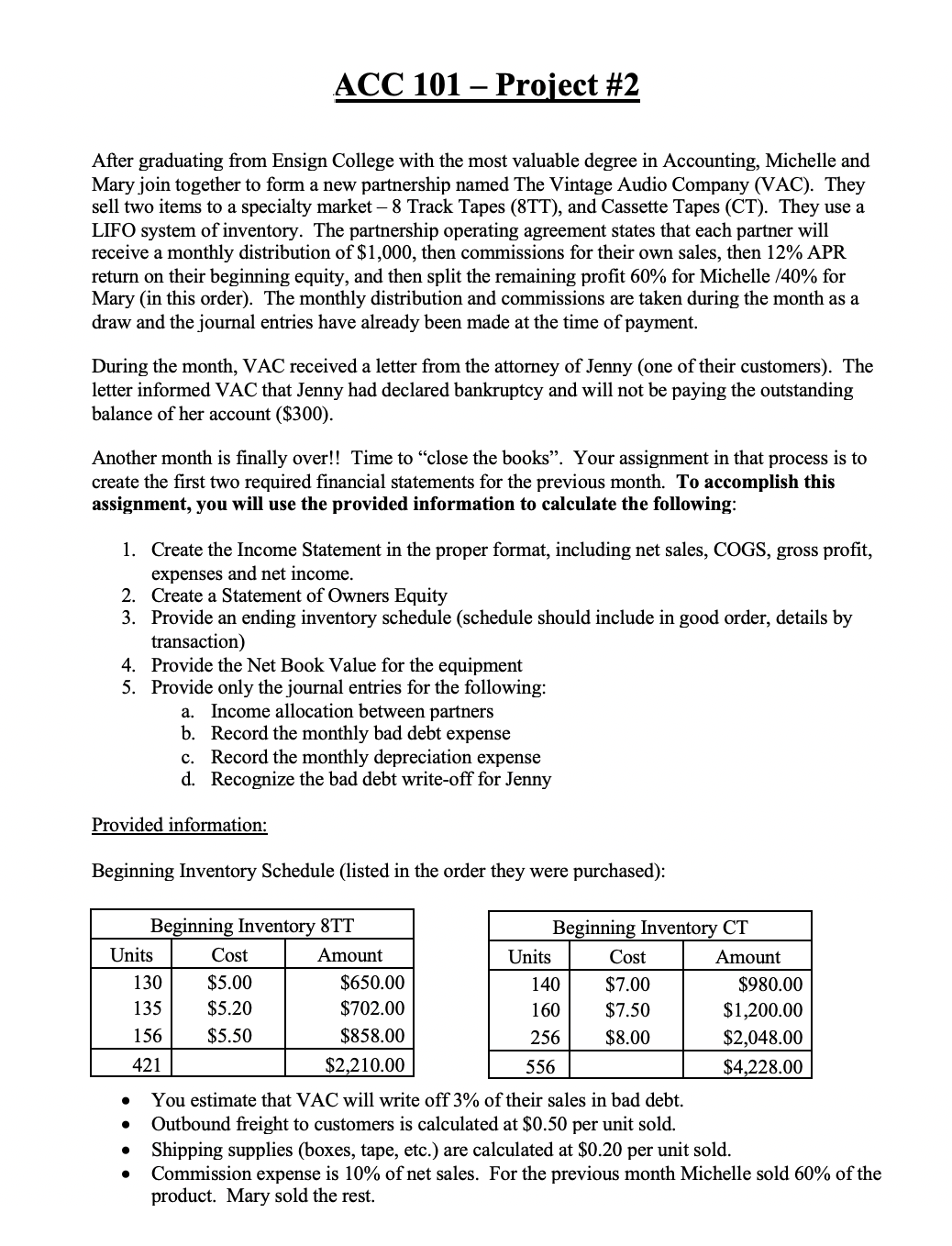 ACC 101 – Project #2 After graduating from Ensign | Chegg.com