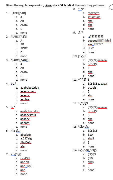 Unix Regular Expressions Worksheet Note Some