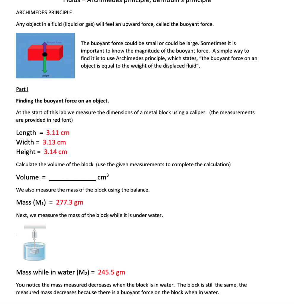 Solved ARCHIMEDES PRINCIPLE Any object in a fluid (liquid or | Chegg.com