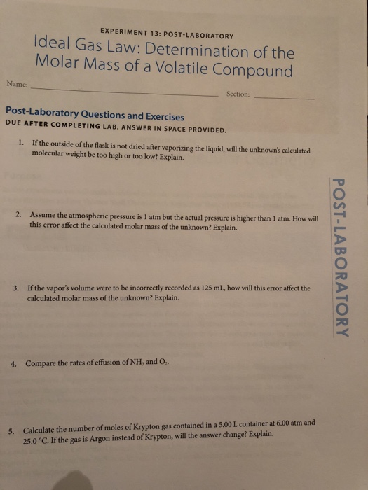 Solved EXPERIMENT 13: POST-LABORATORY Ideal Gas Law: | Chegg.com
