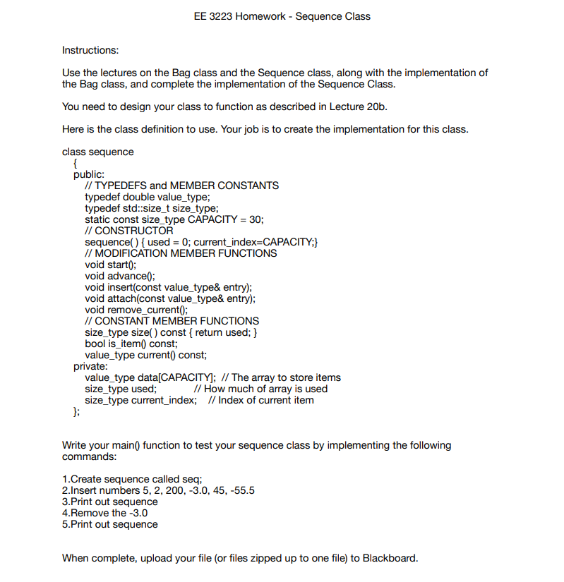 EE 3223 Homework - Sequence Class { Instructions: Use | Chegg.com