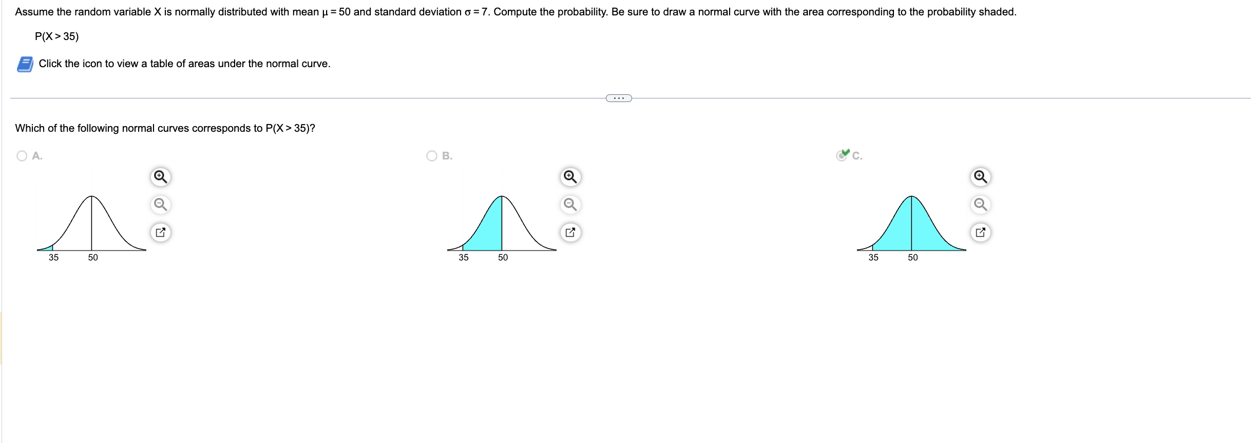 Solved P(X>35) Click the icon to view a table of areas under | Chegg.com