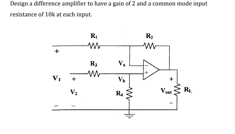 Solved Design a difference amplifier to have a gain of 2 and | Chegg.com