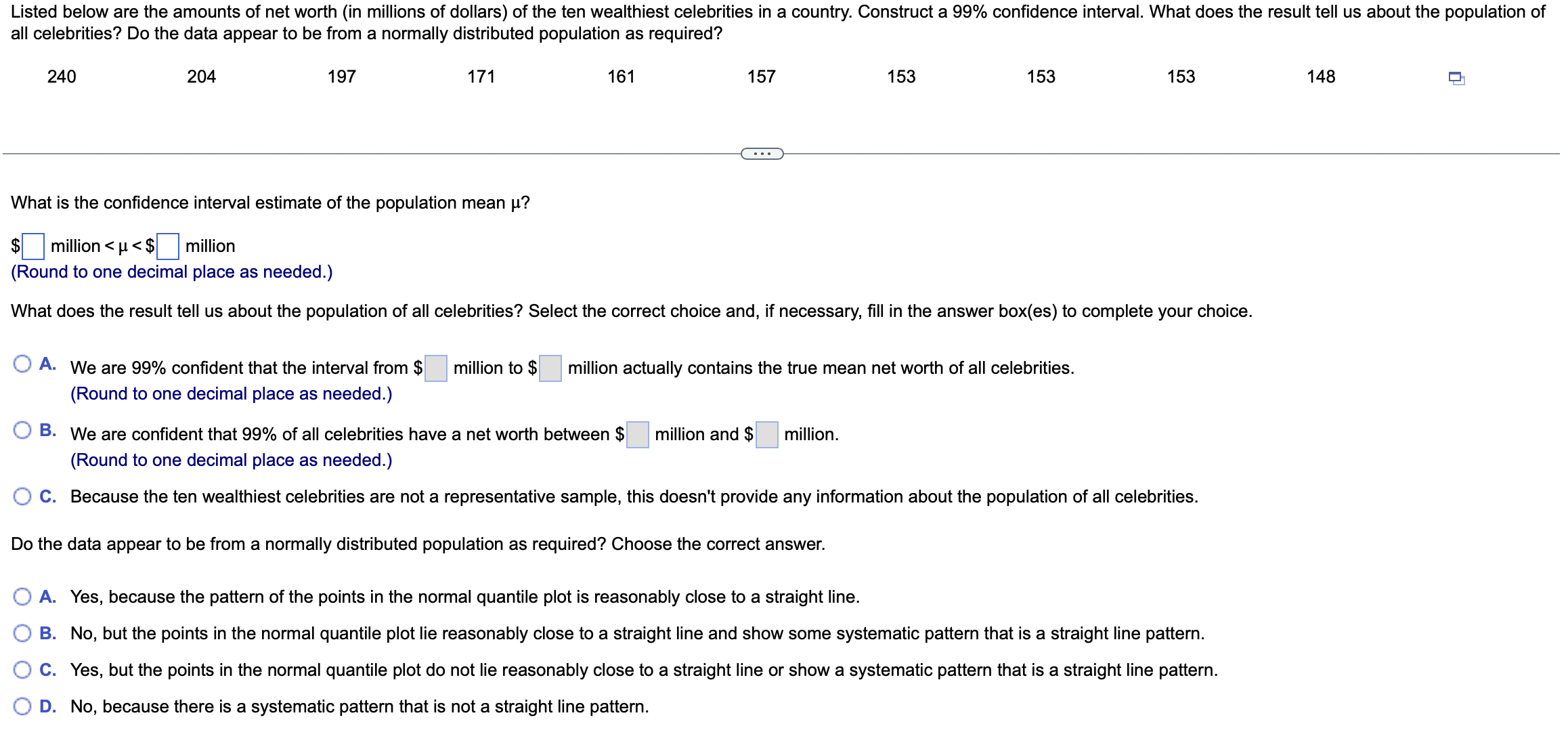Solved Listed below are the amounts of net worth (in | Chegg.com