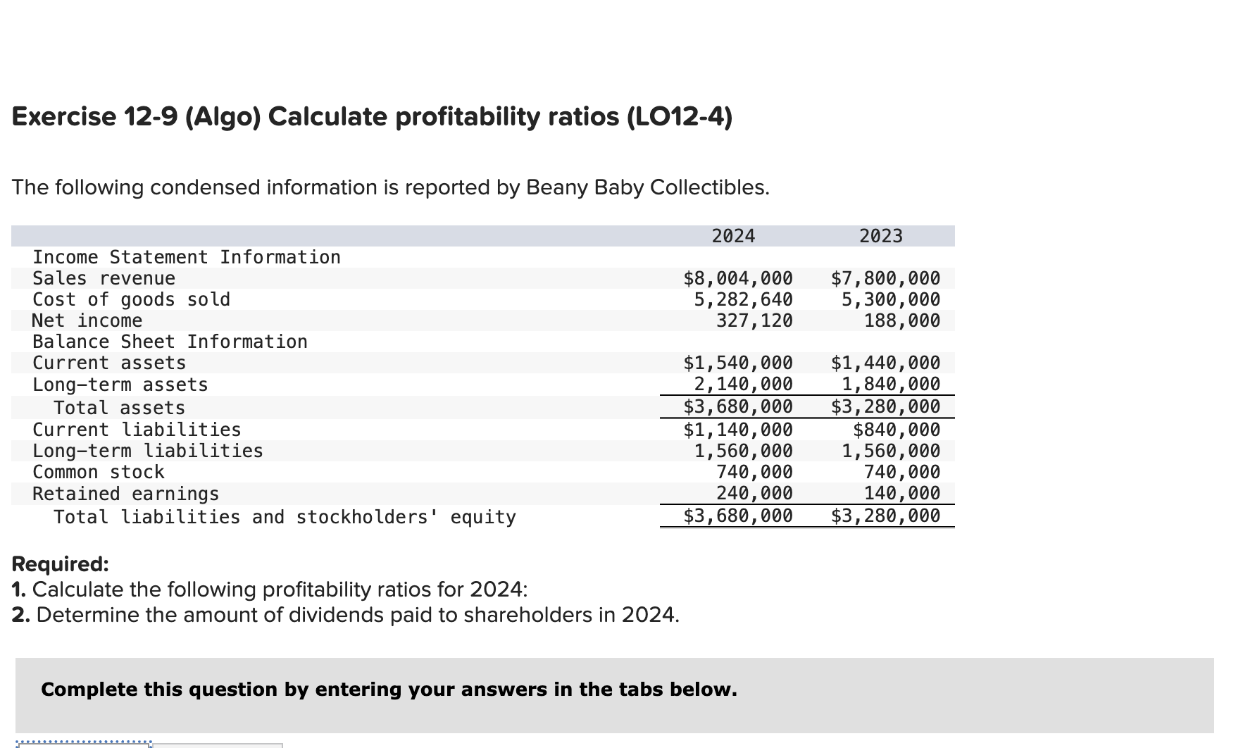 Solved Exercise 12-9 (Algo) ﻿Calculate profitability ratios | Chegg.com