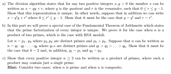 Solved 1 a) The division algorithm states that for any two | Chegg.com
