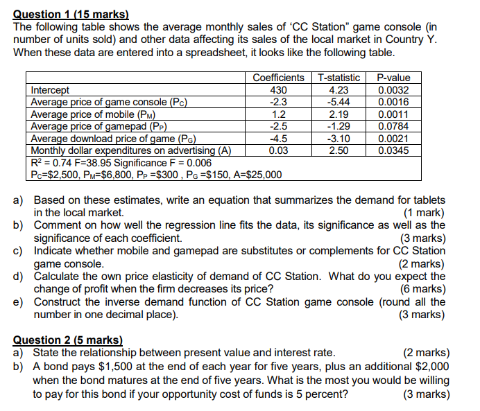 Solved Question 1 (15 marks) The following table shows the | Chegg.com