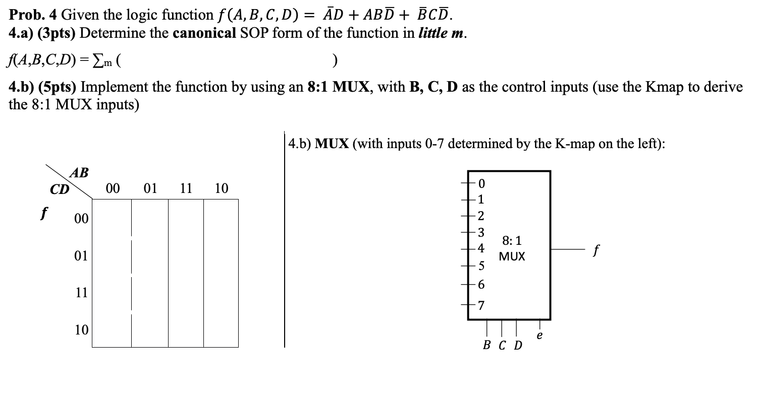 Solved Prob. 4 Given the logic function f(A,B,C,D) = ĀD + | Chegg.com