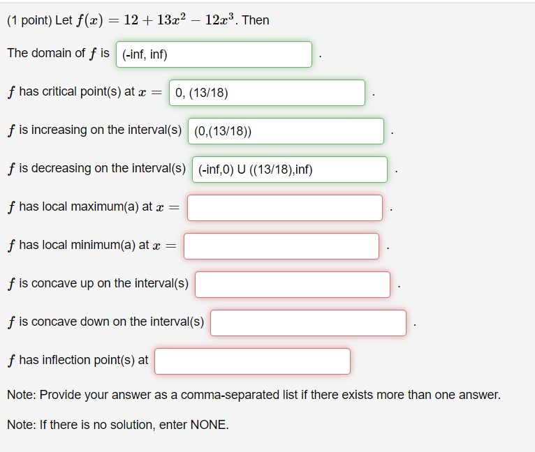 Solved (1 point) Let f(x) = 12 + 13x2 – 12x3. Then The | Chegg.com