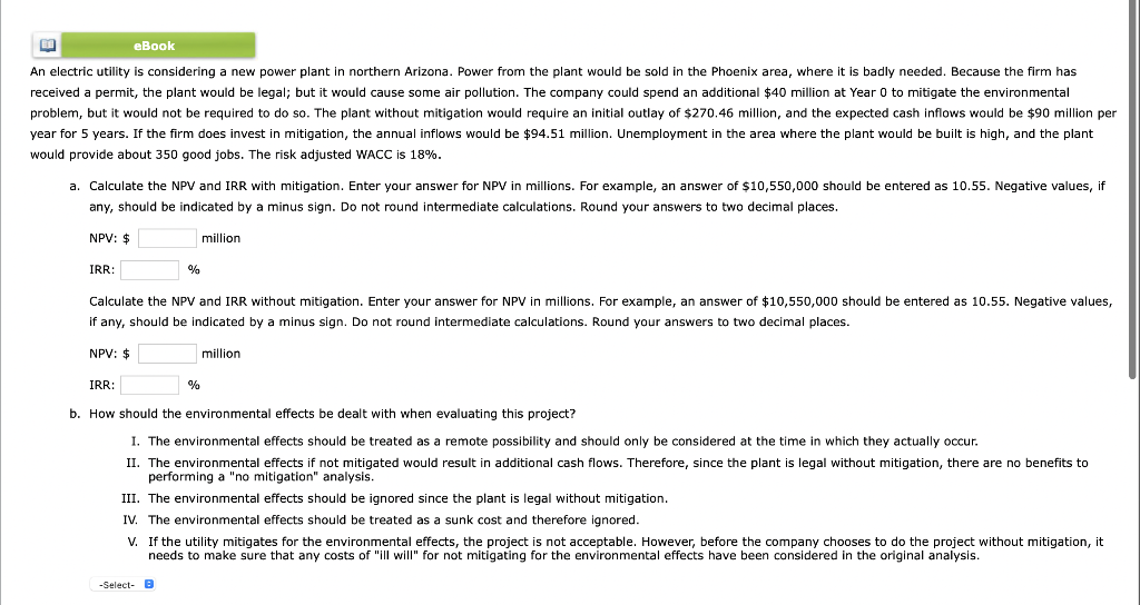 Solved NPV: $ million IRR: % Calculate the NPV and IRR | Chegg.com