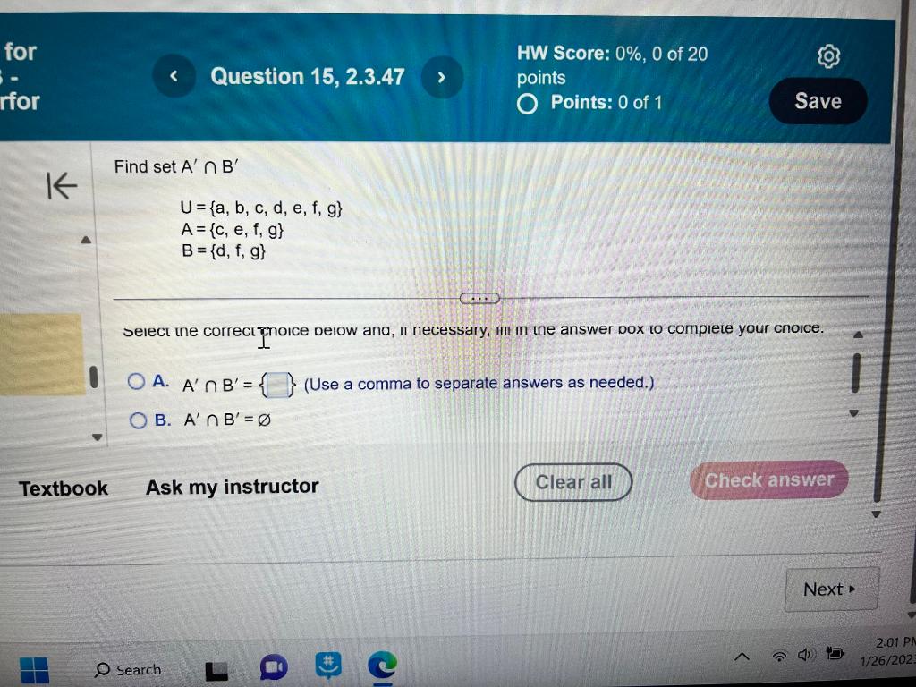 Solved Find setA′∩B′ U={a,b,c,d,e,f,g}A={c,e,f,g}B={d,f,g} | Chegg.com