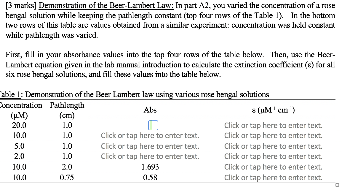 Solved [3 marks] Demonstration of the Beer-Lambert Law: In | Chegg.com