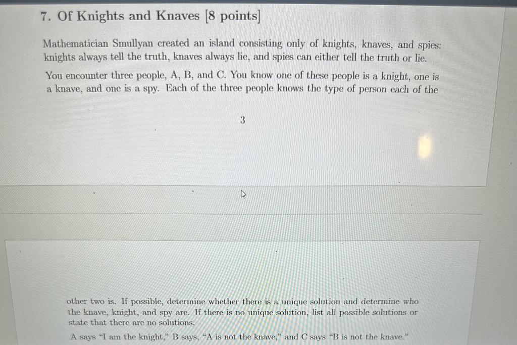 Solved 7. Of Knights and Knaves [ 8 points] Mathematician | Chegg.com