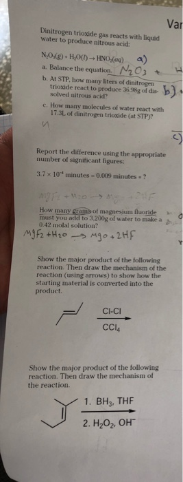 Solved Var Dinitrogen trioxide gas reacts with liquid water | Chegg.com