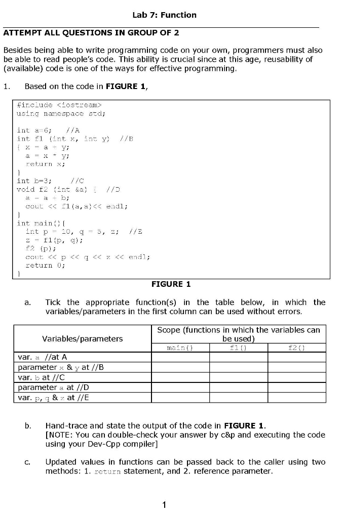 Solved Lab 7 Function Attempt All Questions In Group Of 2 