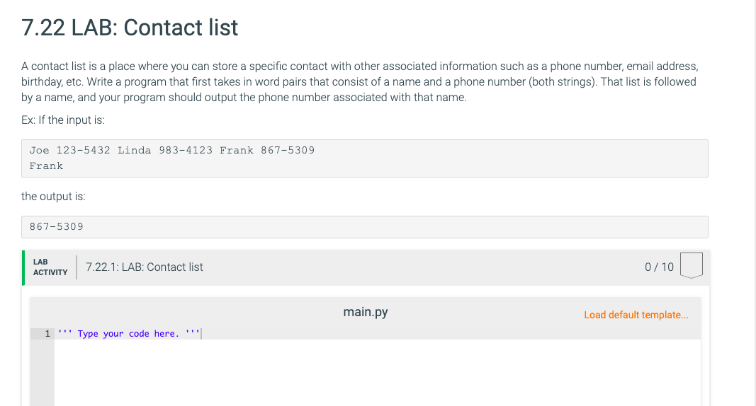 7.22 LAB: Contact list A contact list is a place | Chegg.com
