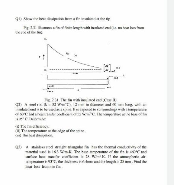 Solved Q1) Show the heat dissipation from a fin insulated at | Chegg.com