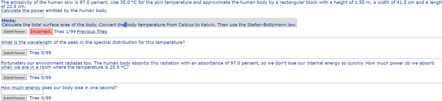 Solved of 22.5cm.Calculate the power emitted by the human | Chegg.com
