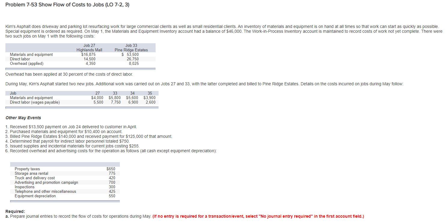 Solved Problem 7-53 Show Flow of Costs to Jobs (LO 7-2, 3) | Chegg.com