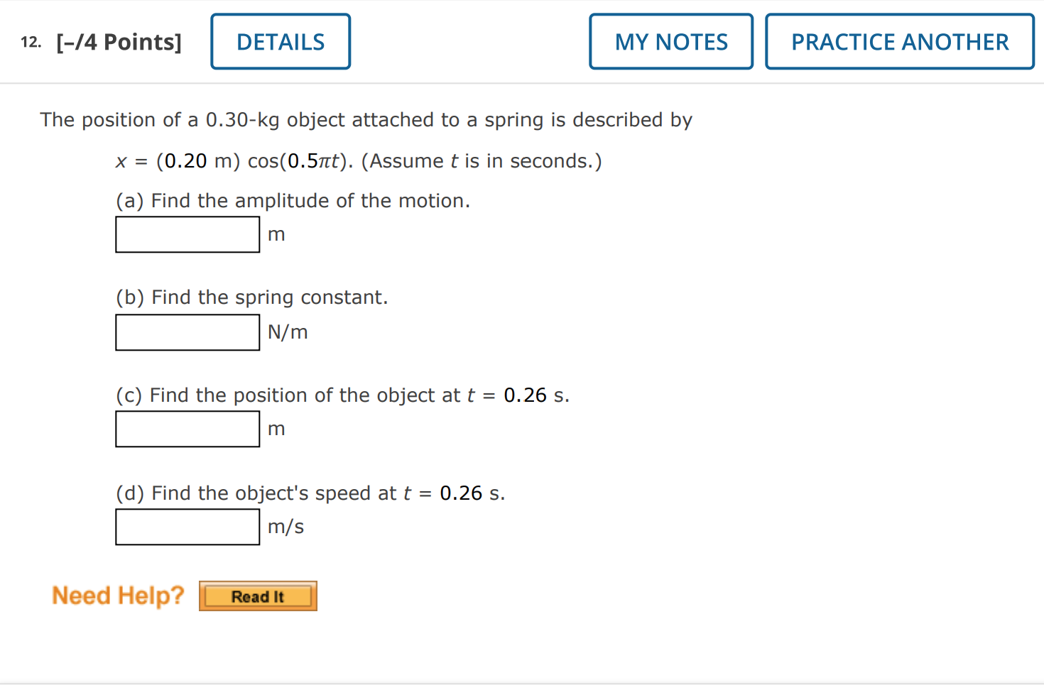 Solved The Position Of A 0 30−kg Object Attached To A Spring