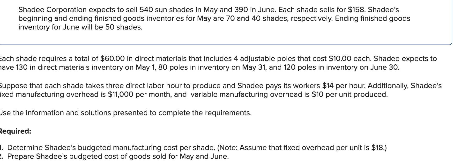 Solved Each shade requires a total of $60.00 in direct | Chegg.com