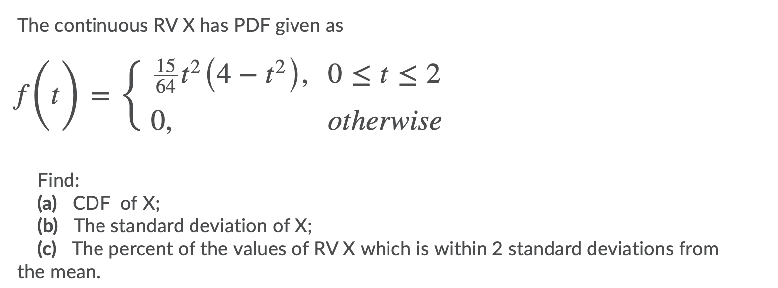 Solved The continuous RV X has PDF given as () = {.. 15 64 4 | Chegg.com
