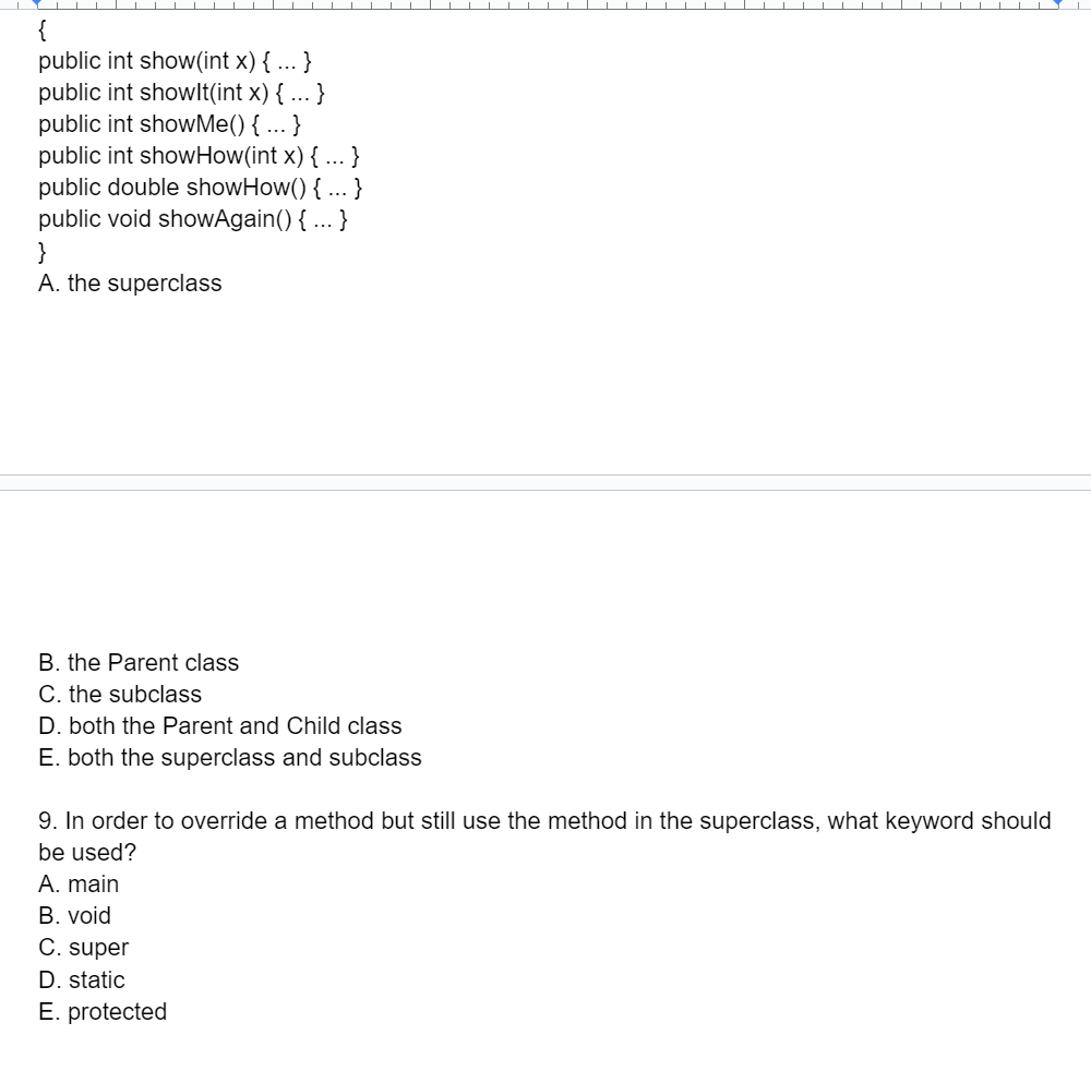 Solved class Parent \{ public int show(){…} public int | Chegg.com Solved class Parent \{ public int show(){…} public int | Chegg.com