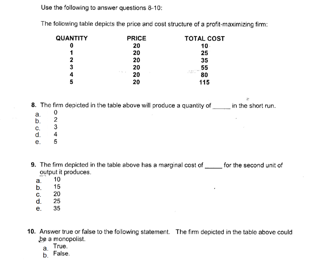Solved Use the following to answer questions 8-10: The | Chegg.com