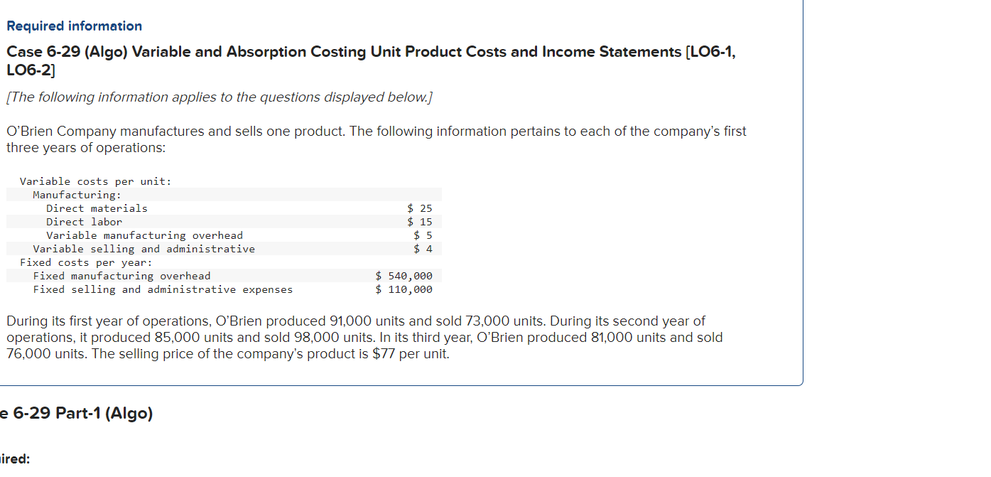 Solved Required information Case 6-29 (Algo) Variable and | Chegg.com