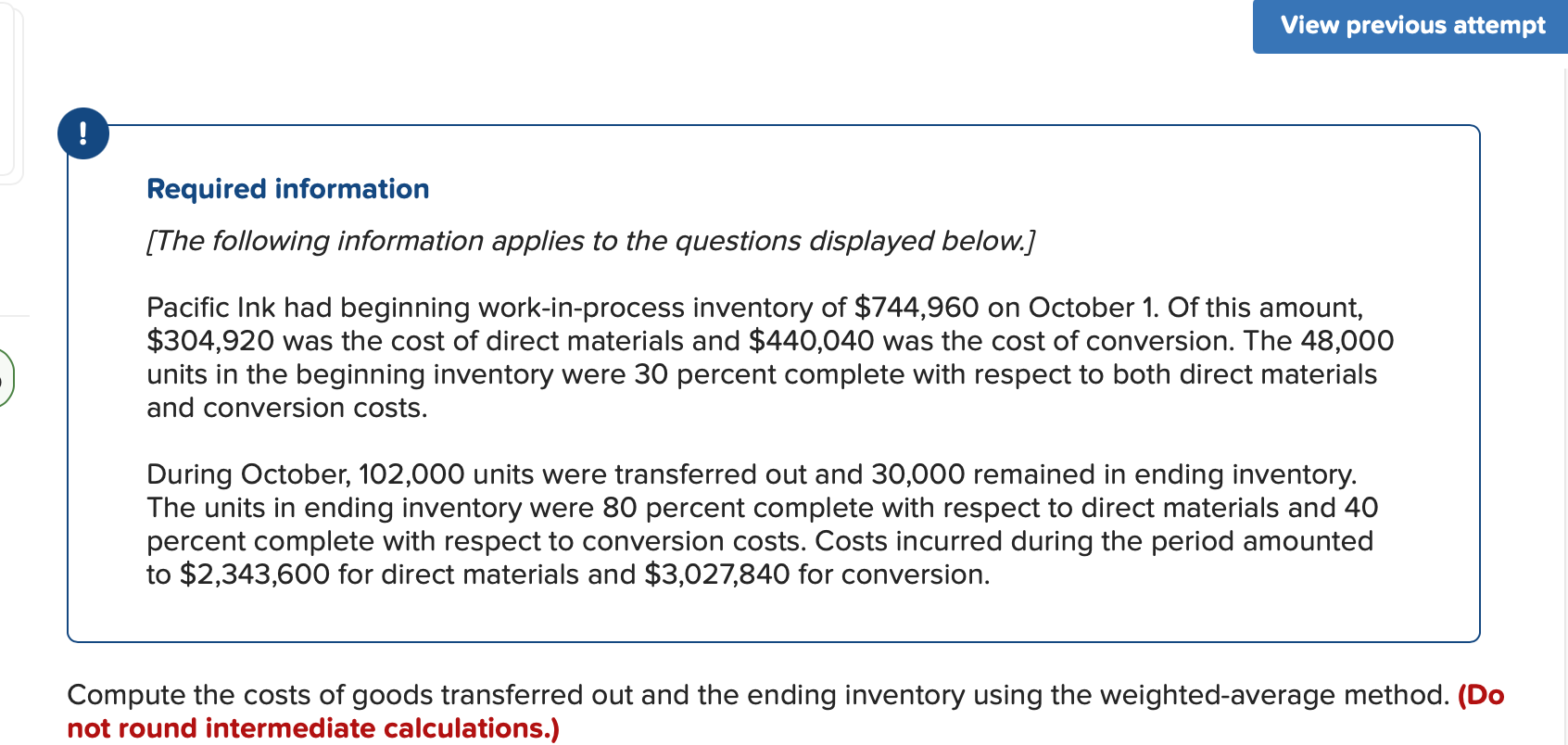 Solved View previous attempt ! Required information [The | Chegg.com