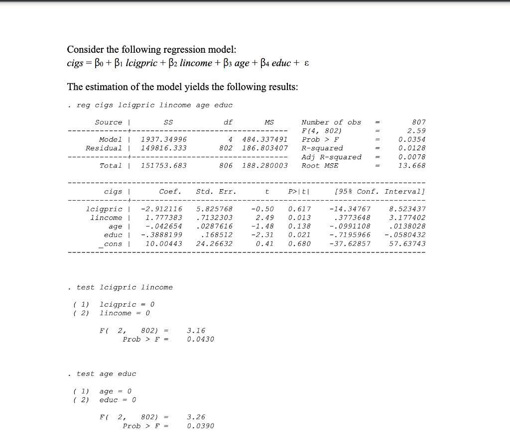 Solved Consider the following STATA output based on the data | Chegg.com
