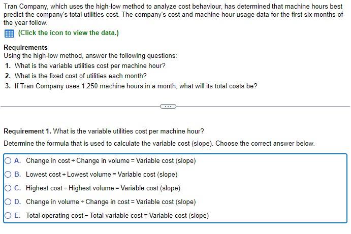 Solved Tran Company, which uses the high-low method to | Chegg.com
