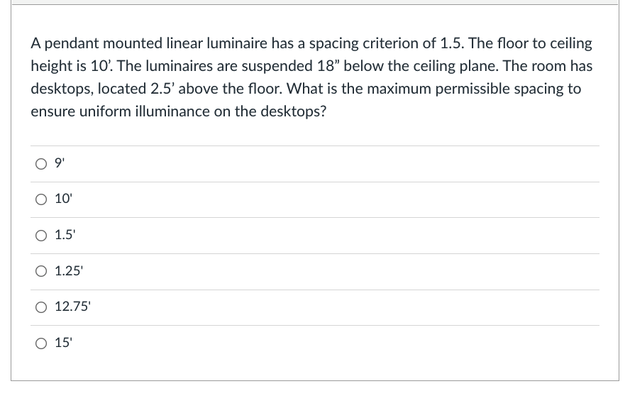 Solved A pendant mounted linear luminaire has a spacing | Chegg.com