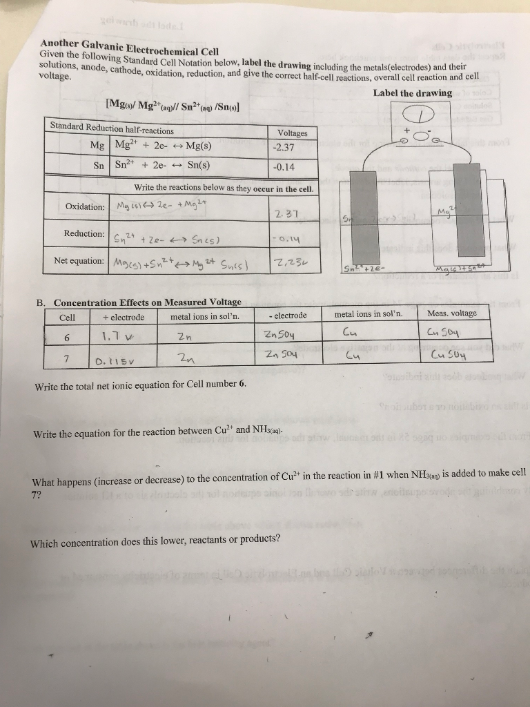 Solved Another Galvanic Electrochemical Cell Given the | Chegg.com