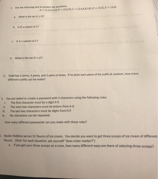 Solved 1. Use the following sets to answer the questions A | Chegg.com