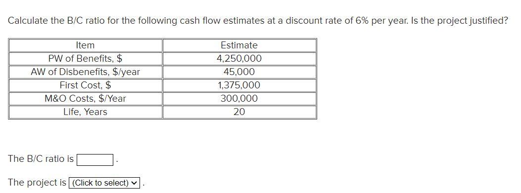 Solved Calculate the B/C ratio for the following cash flow | Chegg.com