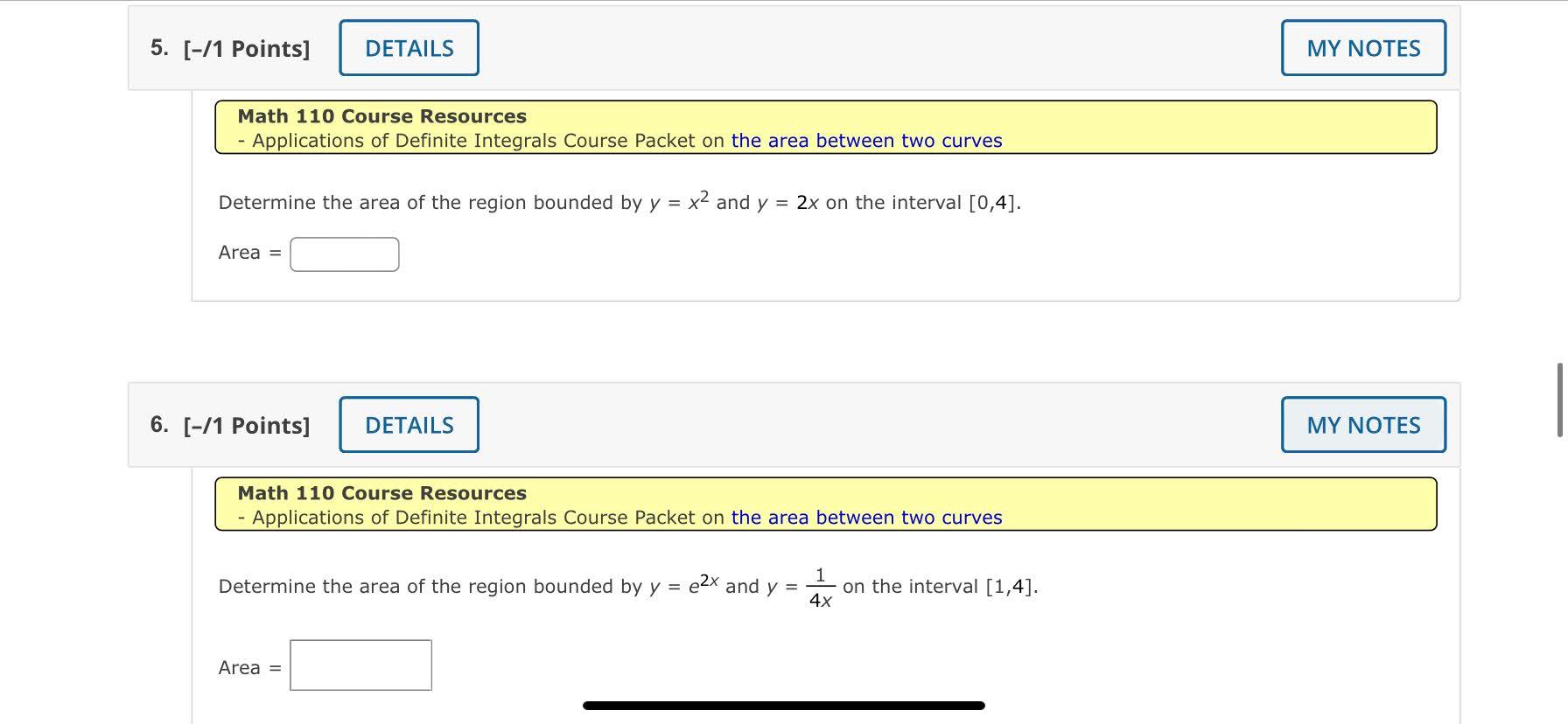 Solved Math 110 Course Resources - Applications of Definite | Chegg.com