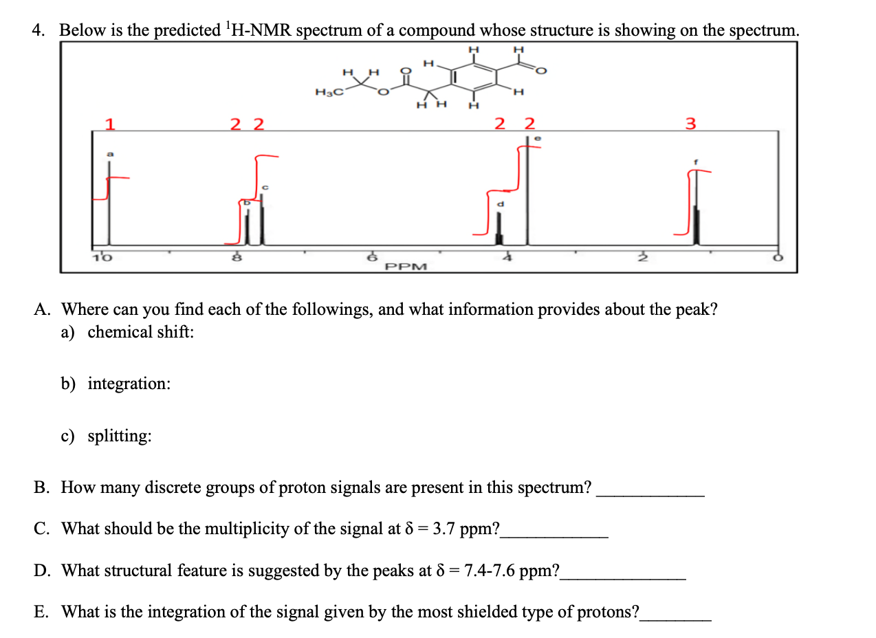 Solved 4. Below is the predicted 1H−NMR spectrum of a | Chegg.com