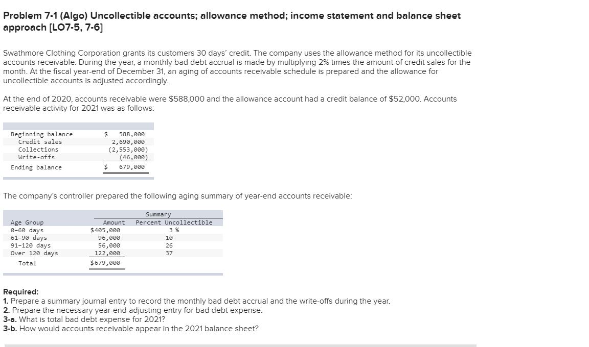 Solved Problem 7-1 (Algo) Uncollectible accounts; allowance | Chegg.com
