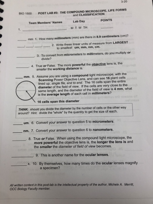 Solved 3-20 BIO 1500 POST LAB #3: THE COMPOUND MICROSCOPE, | Chegg.com