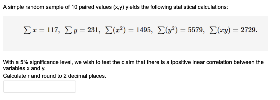 Solved A simple random sample of 10 paired values (x,y) | Chegg.com