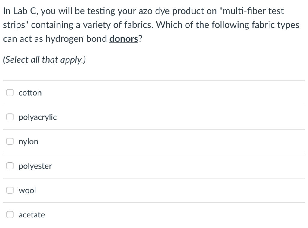 Solved In Lab C, you will be testing your azo dye product on | Chegg.com