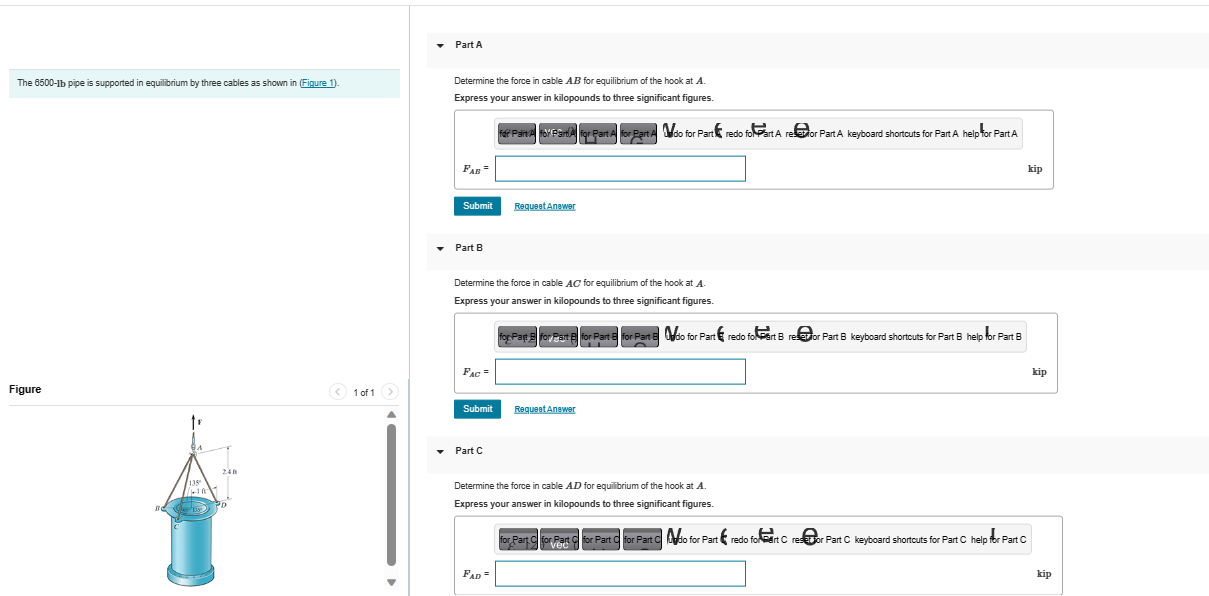 Solved The 6500-1b pipe is supported in equilbrium by three | Chegg.com