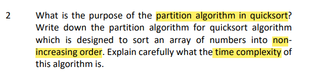 Solved 2 N What is the purpose of the partition algorithm in | Chegg.com