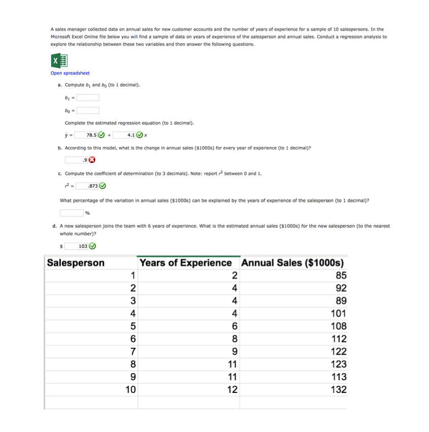 Solved A sales manager collected data on annual sales for | Chegg.com